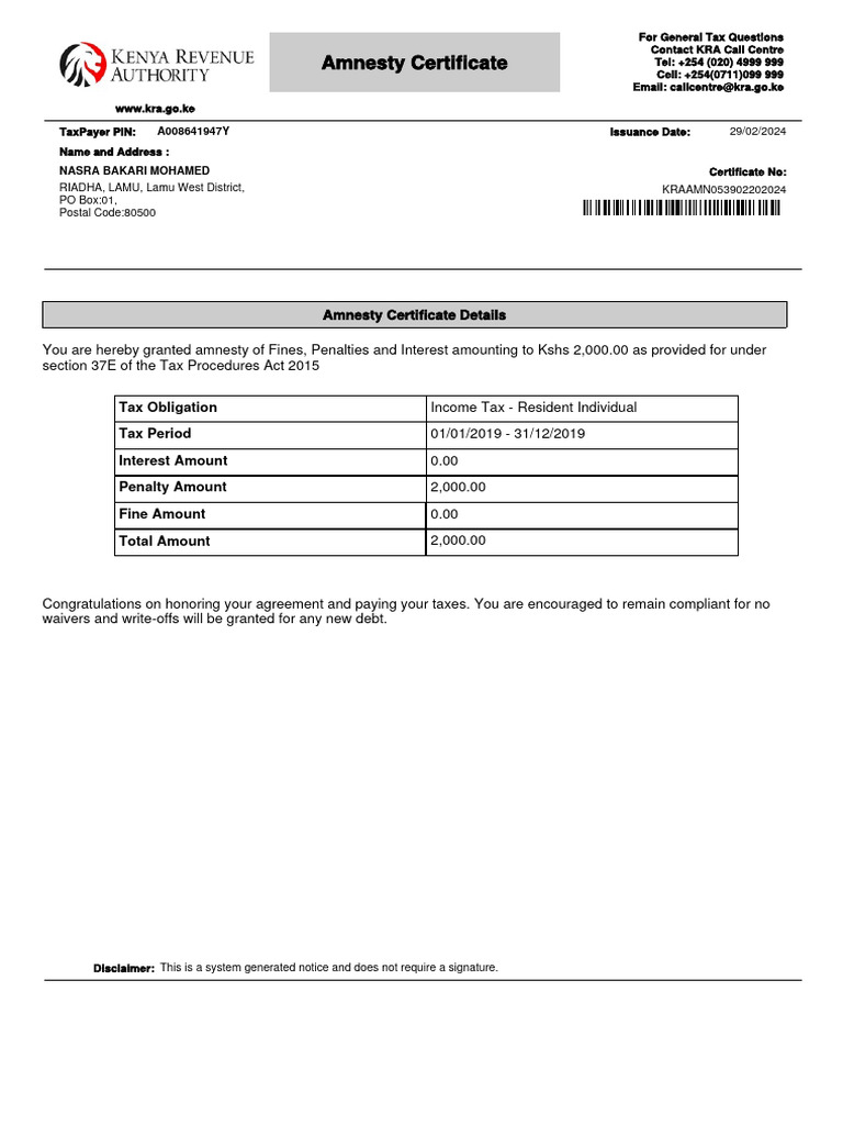 Amnesty Certificate | PDF