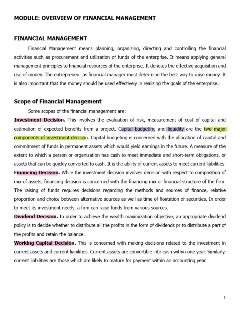 Chapter 1 Overview of Financial Management | PDF | Investing ...