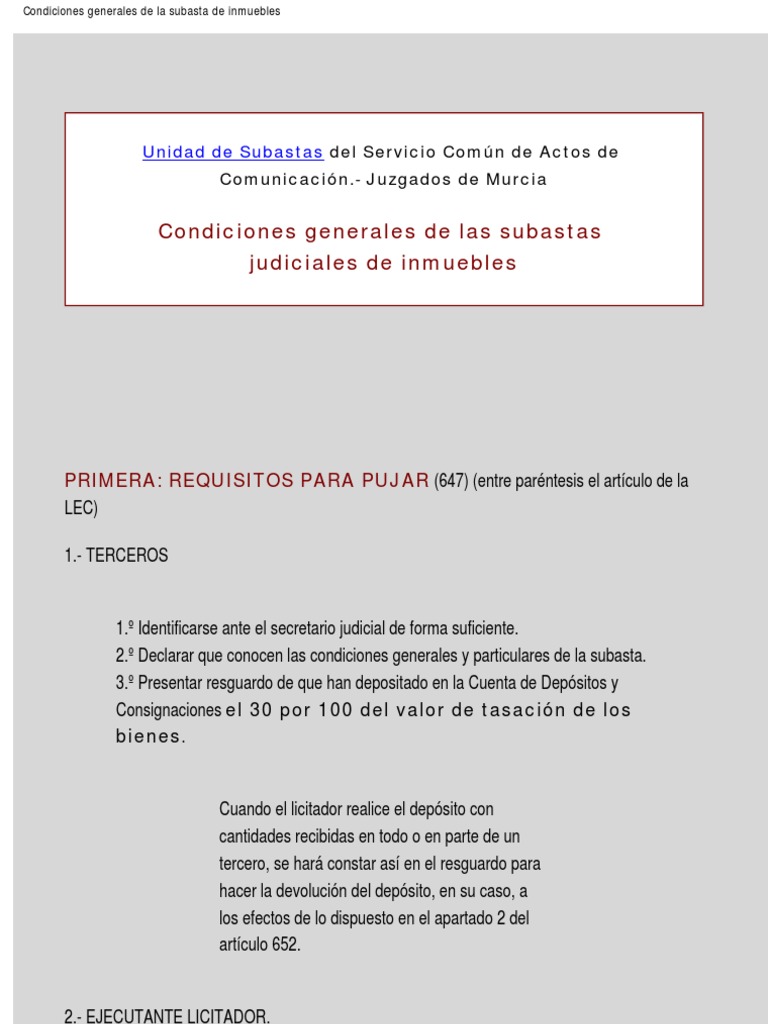 Condiciones Generales de La Subasta de Inmuebles | PDF | Subasta | Pagos