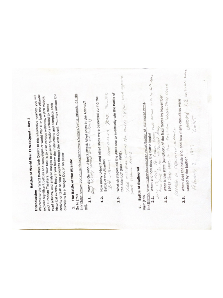 Battles of World War II WebQuest - Day 1 | PDF