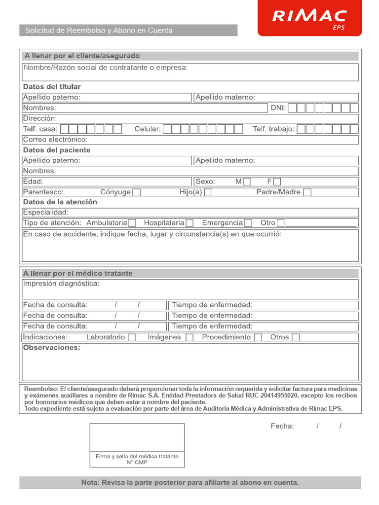 SOLICITUD REEMBOLSO AMBULATORIO-HOSPITALARIO EPS Rimac | PDF | Bancos | Póliza de seguros