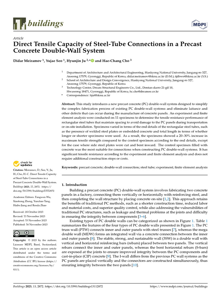 Direct Tensile Capacity of Steel-Tube Connections in a Precast Concrete ...