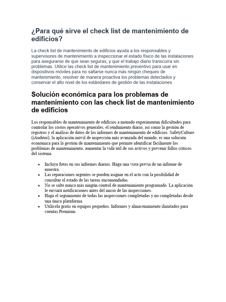 Para qué sirve el check list de mantenimiento de edificios | PDF