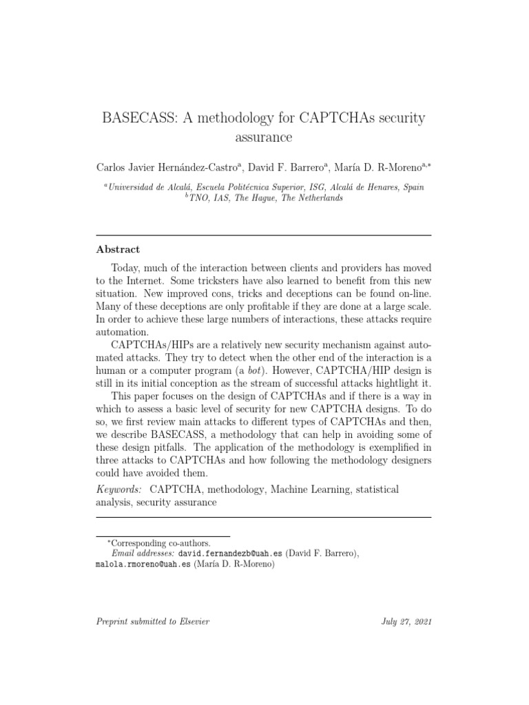 BASECASS: A methodology for CAPTCHAs security assurance | PDF | Computing