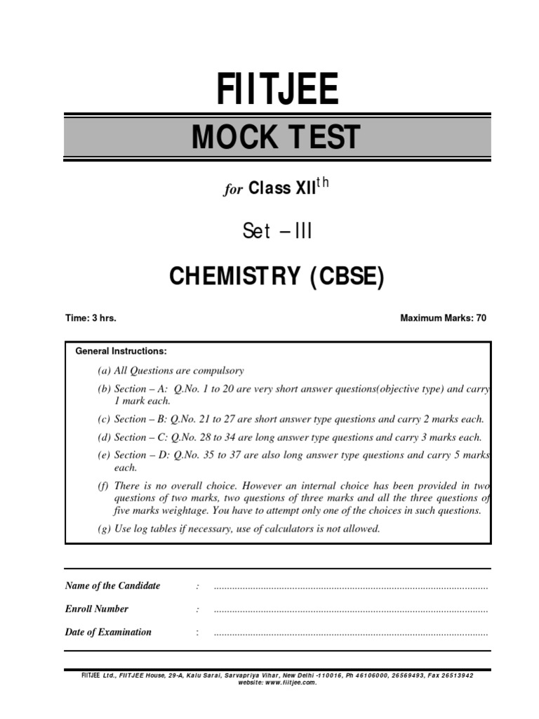 Mock Test Paper-1920-CBSE-C-XII-Set-III-CHE-Paper | PDF | Chemical ...