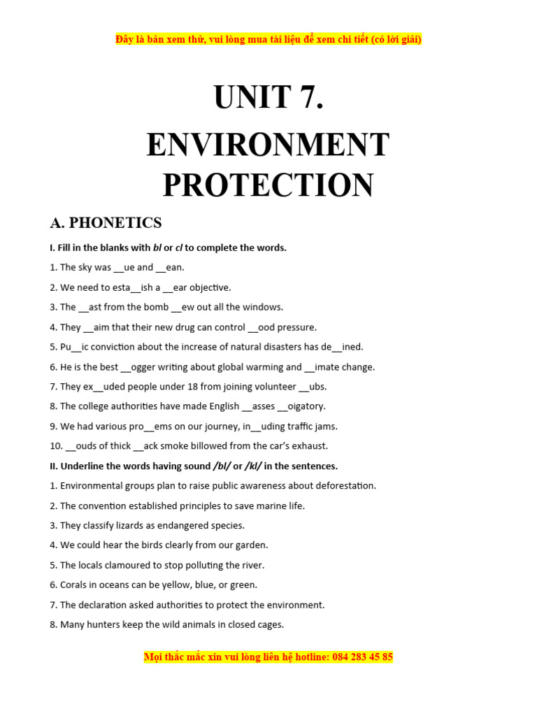 Bai Tap Thuc Hanh Unit 7 Environmental Protection Tieng Anh 8 Global Success Mai Lan Huong | PDF ...