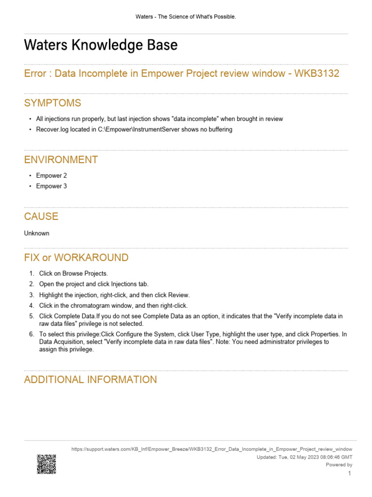 Error - Data Incomplete in Empower Project Review Window - WKB3132 ...