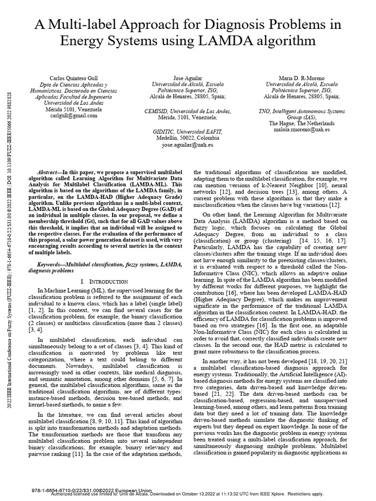 A Multi-Label Approach For Diagnosis Problems in Energy Systems Using LAMDA Algorithm | PDF ...