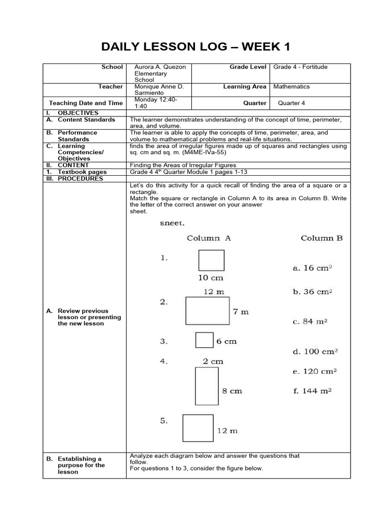 Daily Lesson Log 4th Quarter - Week 1 | PDF | Area | Learning