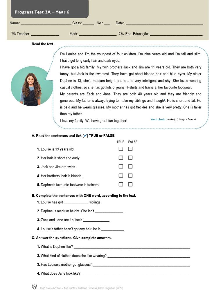 Progress Test 3A - Year 6: True False | PDF | Human Appearance | Clothing