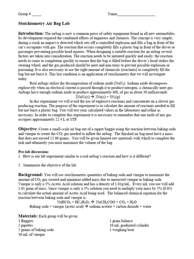 Air Bag Stoichiometry Lab Guide | PDF | Airbag | Stoichiometry
