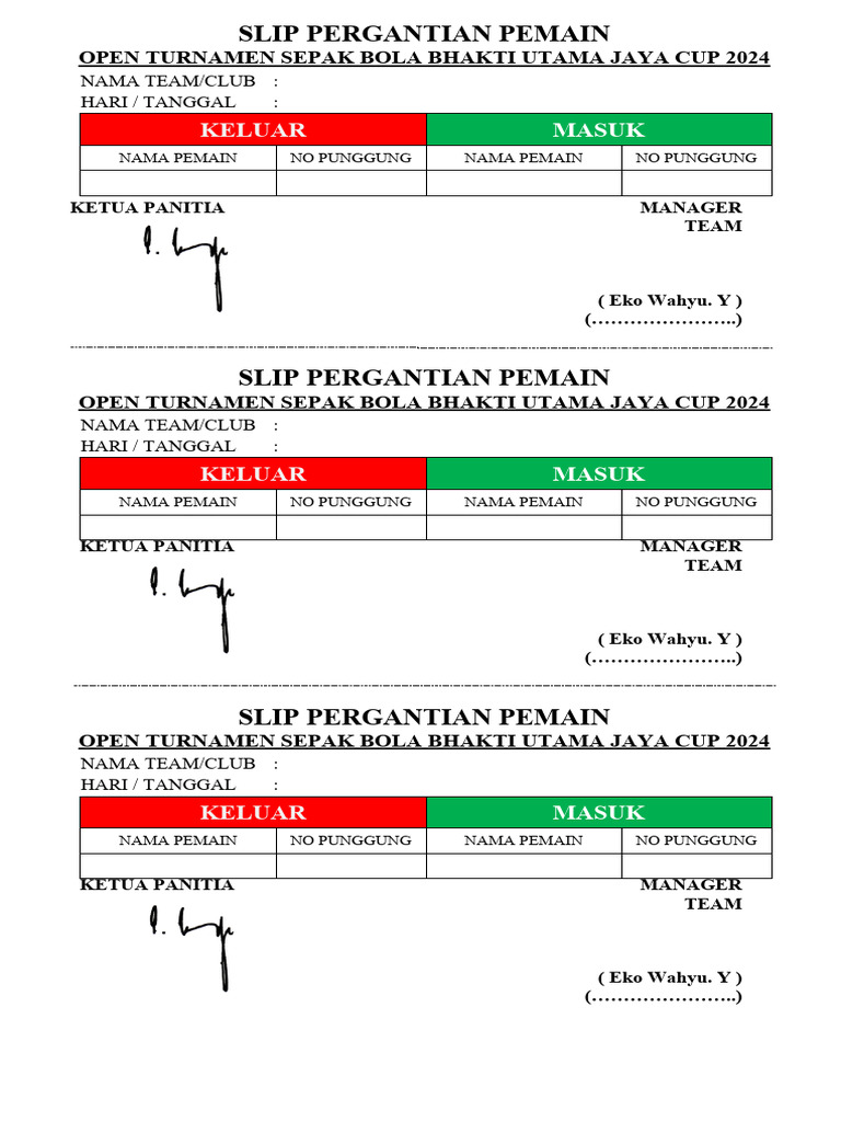 SLIP PERGANTIAN PEMAIN | PDF