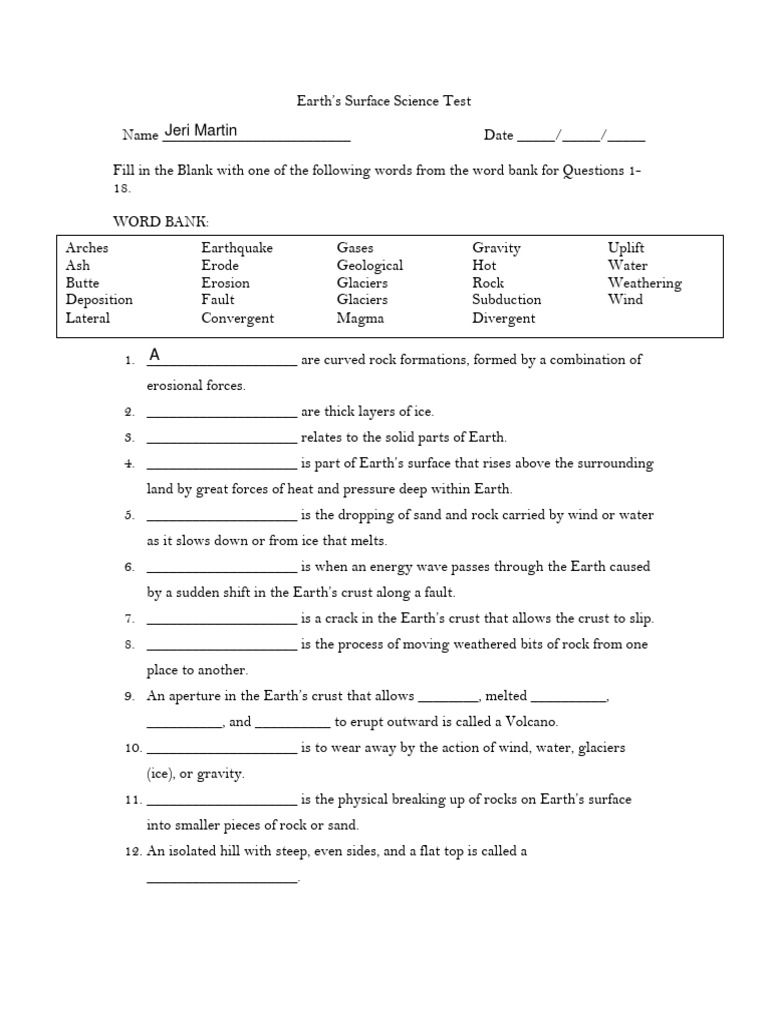 Earths Surface Test Fill in | PDF | Volcano | Erosion