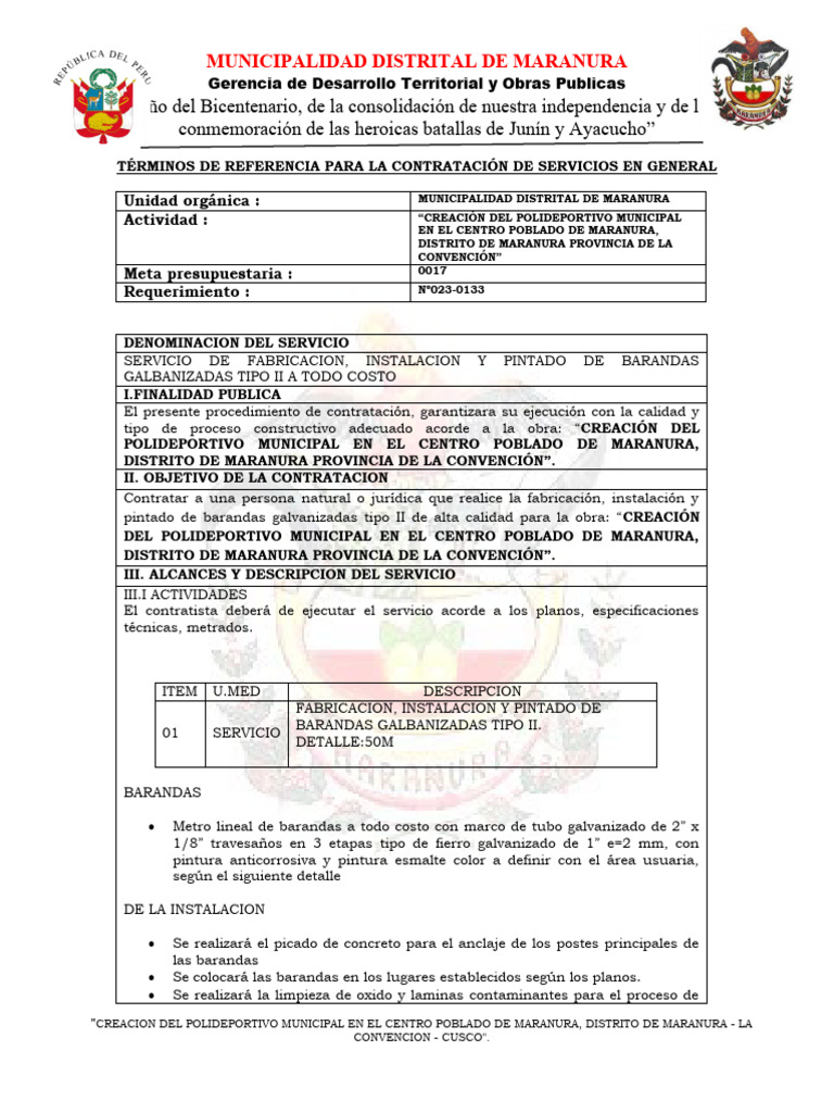 TDR Fabricacion e Instalacion de Barandas Galbanizadas Tipo II | PDF