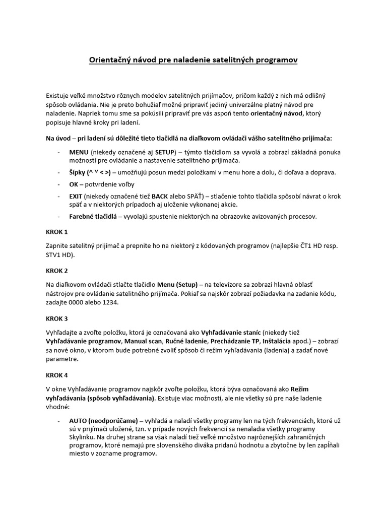 Orientačný Návod Pre Naladenie Satelitných Programov - SK | PDF