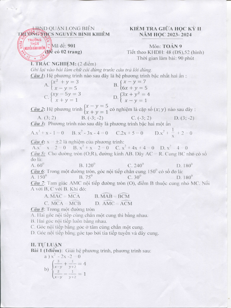 De Giua Hoc Ky 2 Toan 9 Nam 2023 2024 Truong Thcs Nguyen Binh Khiem Ha Noi | PDF