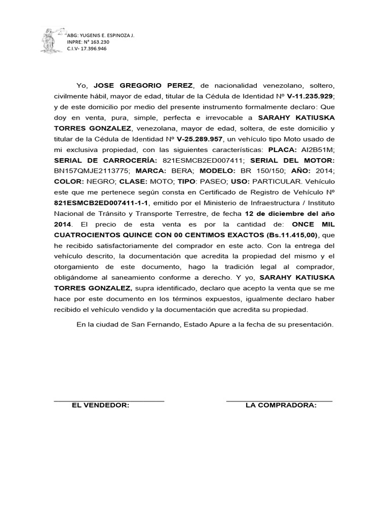 Venta de Moto BERA 2014 | PDF | Derecho