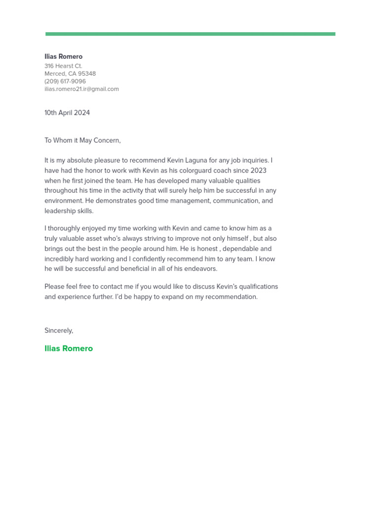 Recommendation Letter for Kevin Laguna | PDF | Career & Growth