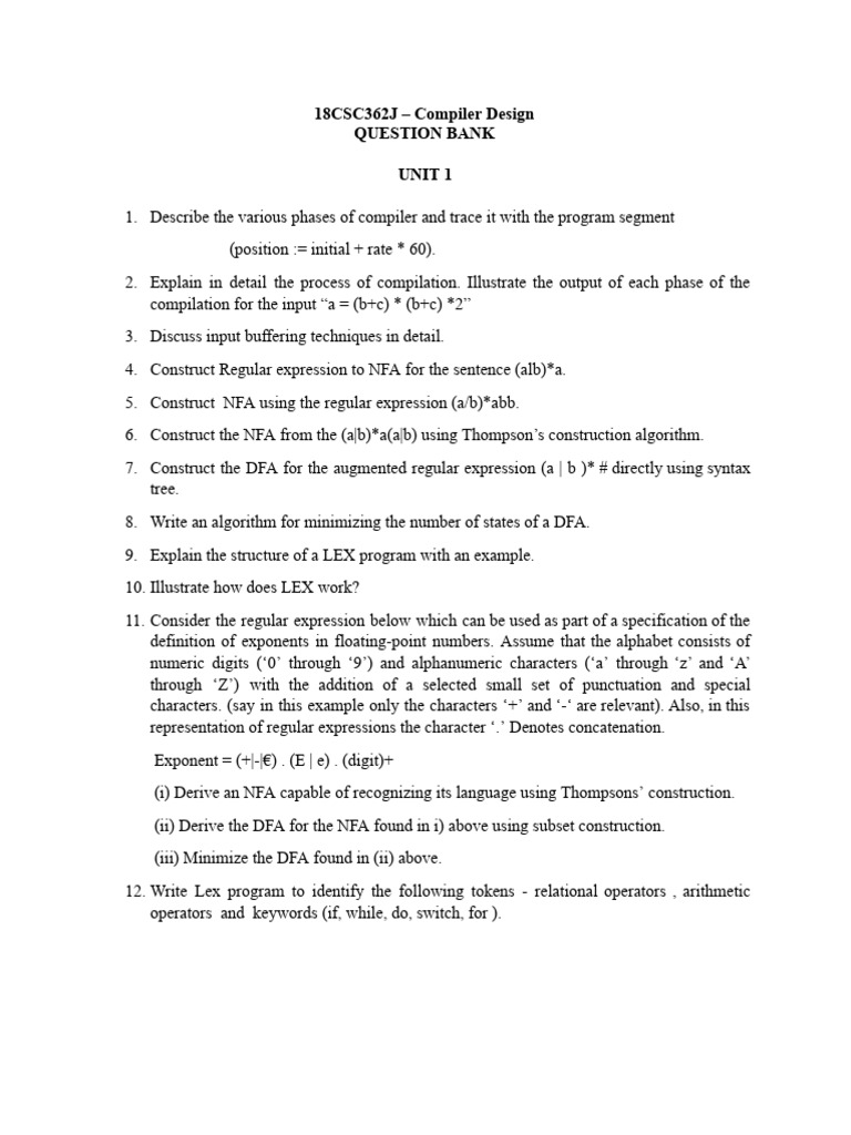 UNIT 4,5 Ques Bank | PDF | Regular Expression | Parsing UNIT 4,5 Ques Bank | PDF | Regular Expression | Parsing