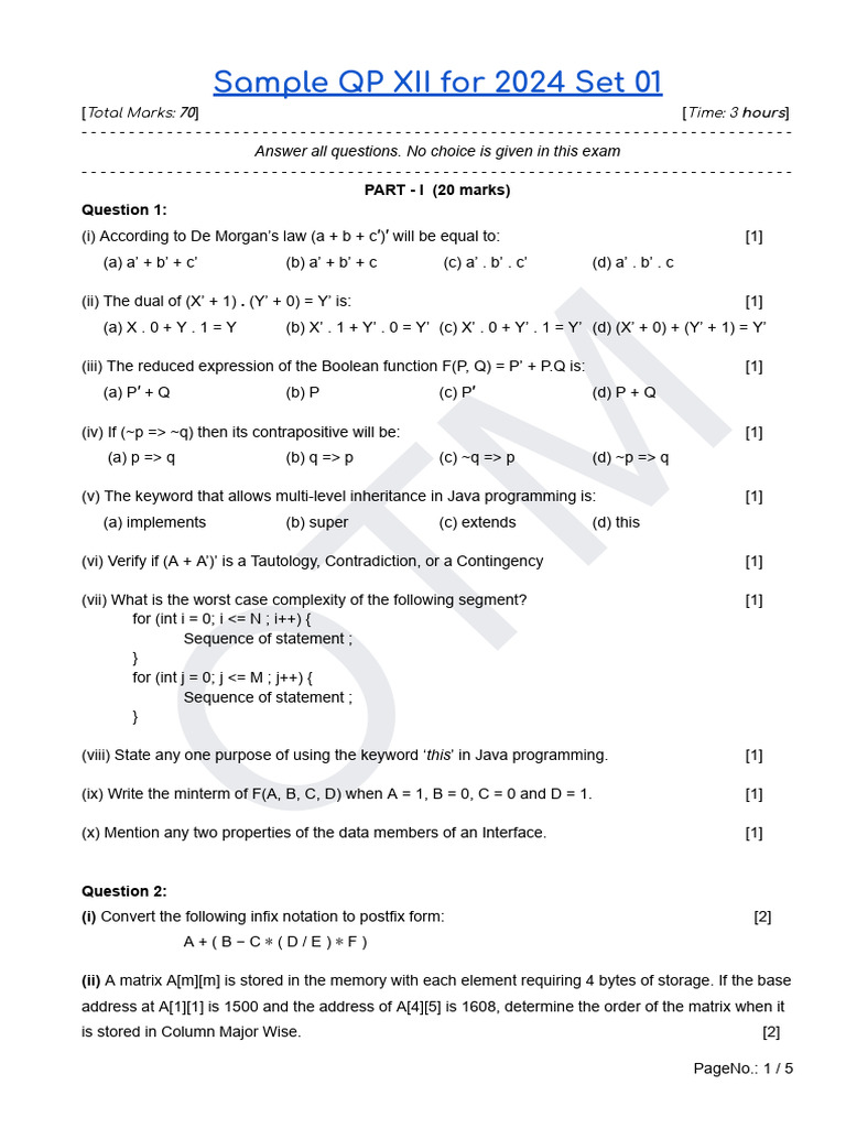 Sample QP ISC XII For 2024 Set 01 | PDF | Mathematics | Mathematical Logic