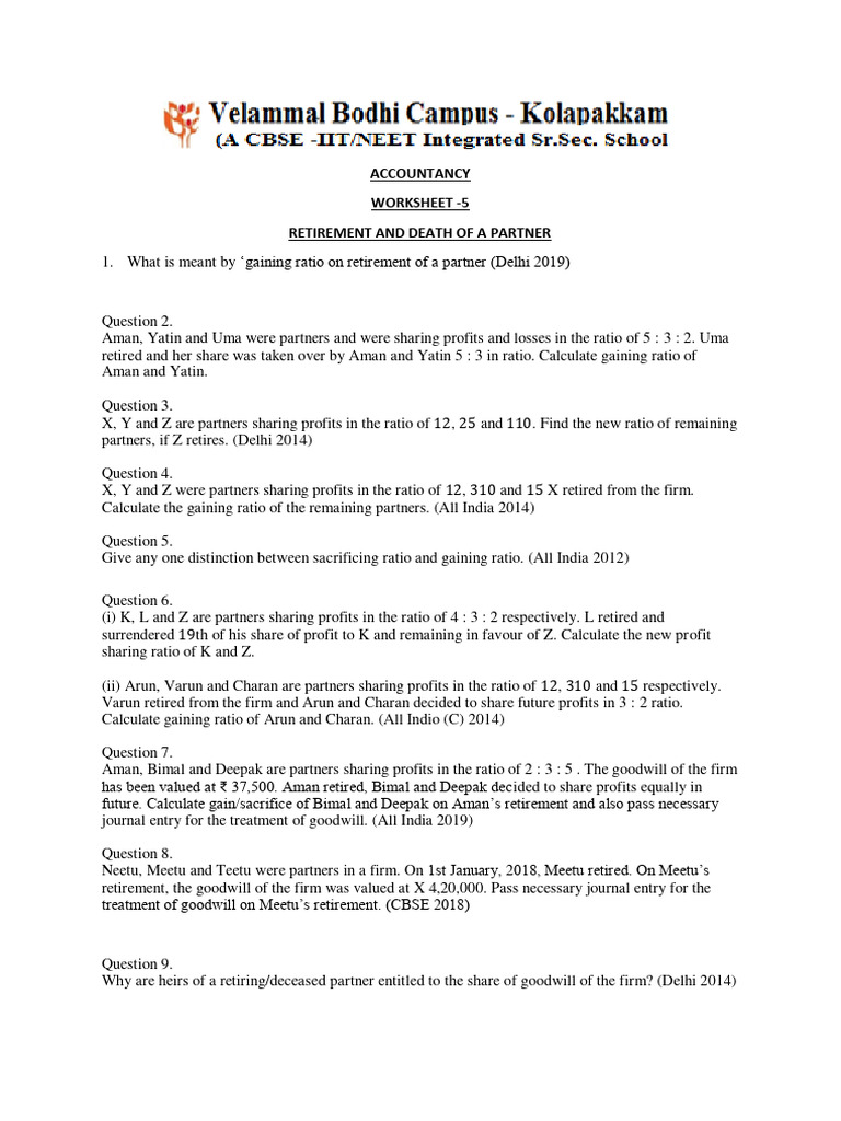 Retirement and Death of a partner worksheet | PDF | Goodwill ...