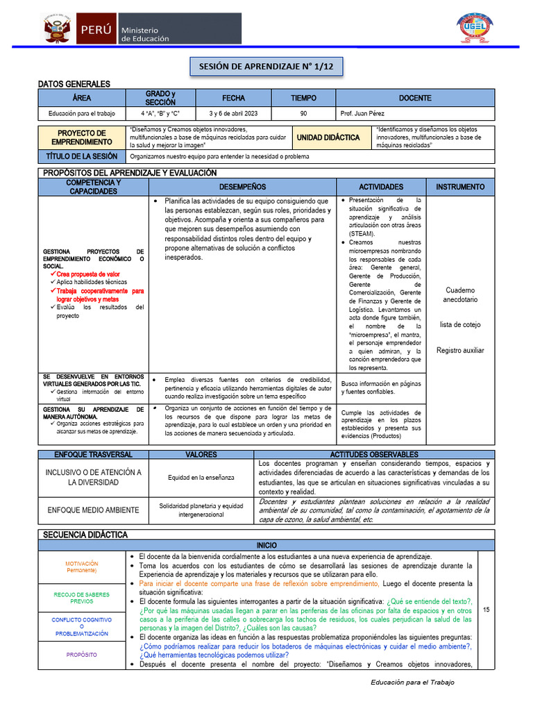 3 - 4to - Sesion de Aprendizaje 1 - Lista de Cotejos | PDF | Maestros | Aprendizaje
