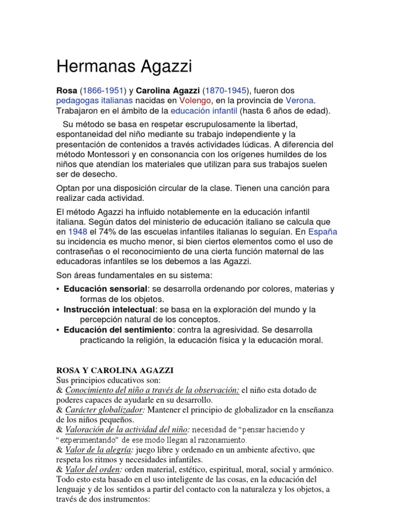 Hermanas Agazzi | PDF | Jardín de infancia | Educación Montessori