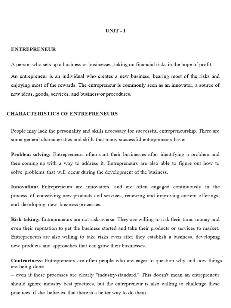 Entrepreneurship Unit - 1 | PDF | Entrepreneurship | Innovation