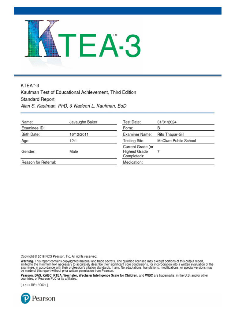 KTEA 3 Standard Report - 54433345 - 1712666702850 | PDF