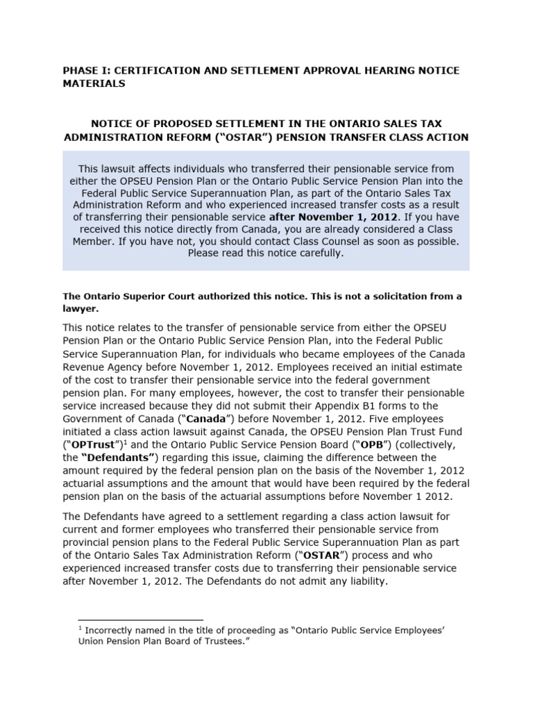 OSTAR Pension Transfer Settlement Notice | PDF | Pension | Class Action