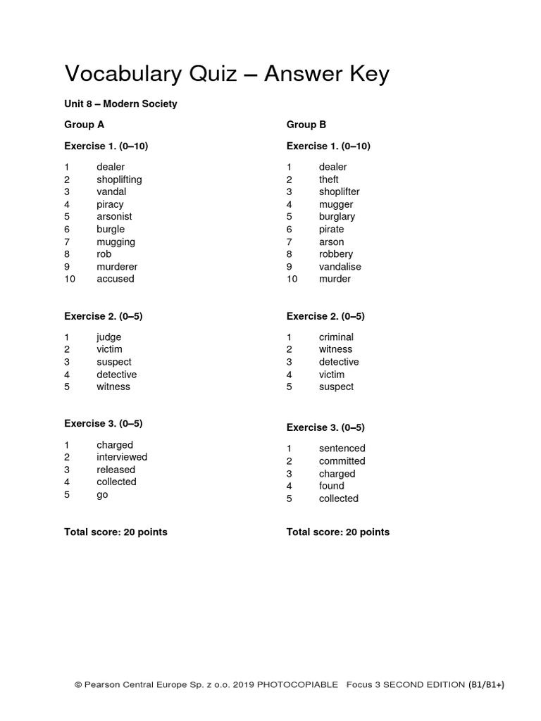 Vocabulary Quiz Answer Key: Unit 8 | PDF