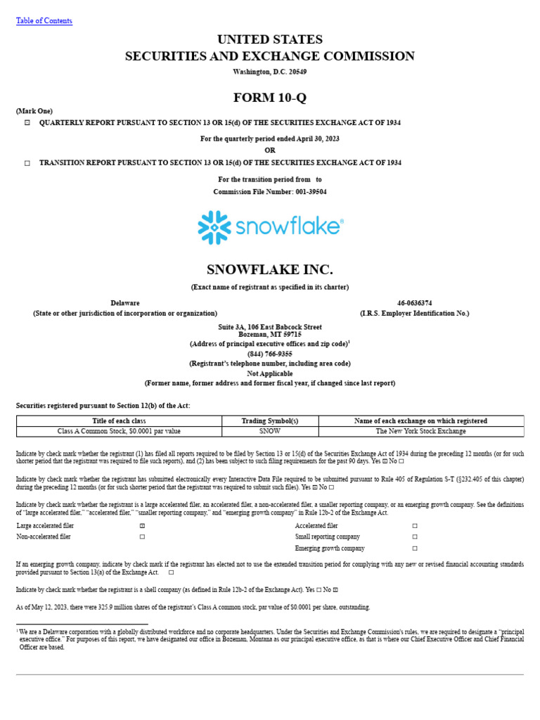Snowflake Inc Files 10 Q Basic Quarterly Filing For Period End 30 Apr ...