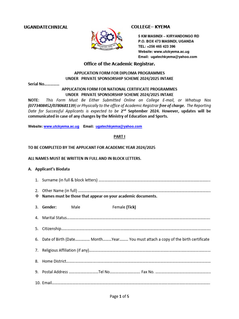 Application Form Diploma Courses For September 2024 Intake at Utc Kyema ...