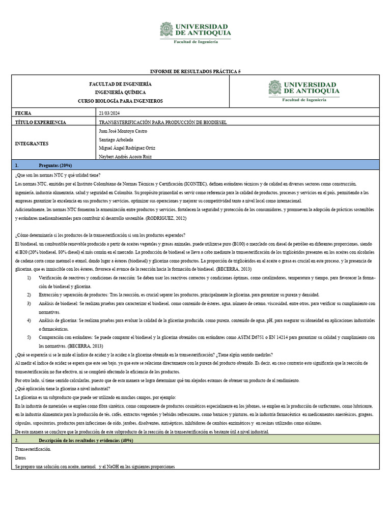 Guía Informe Práctica 5 2024 1 Pdf Biodiésel Glicerol