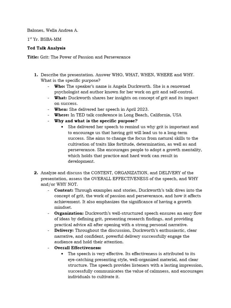 BALONES - TED Talk Analysis | PDF | Grit (Personality Trait) | Mindset