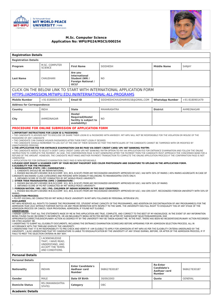Application Form WPU PG24 MSCS 000254 | PDF | Login | Credit Card