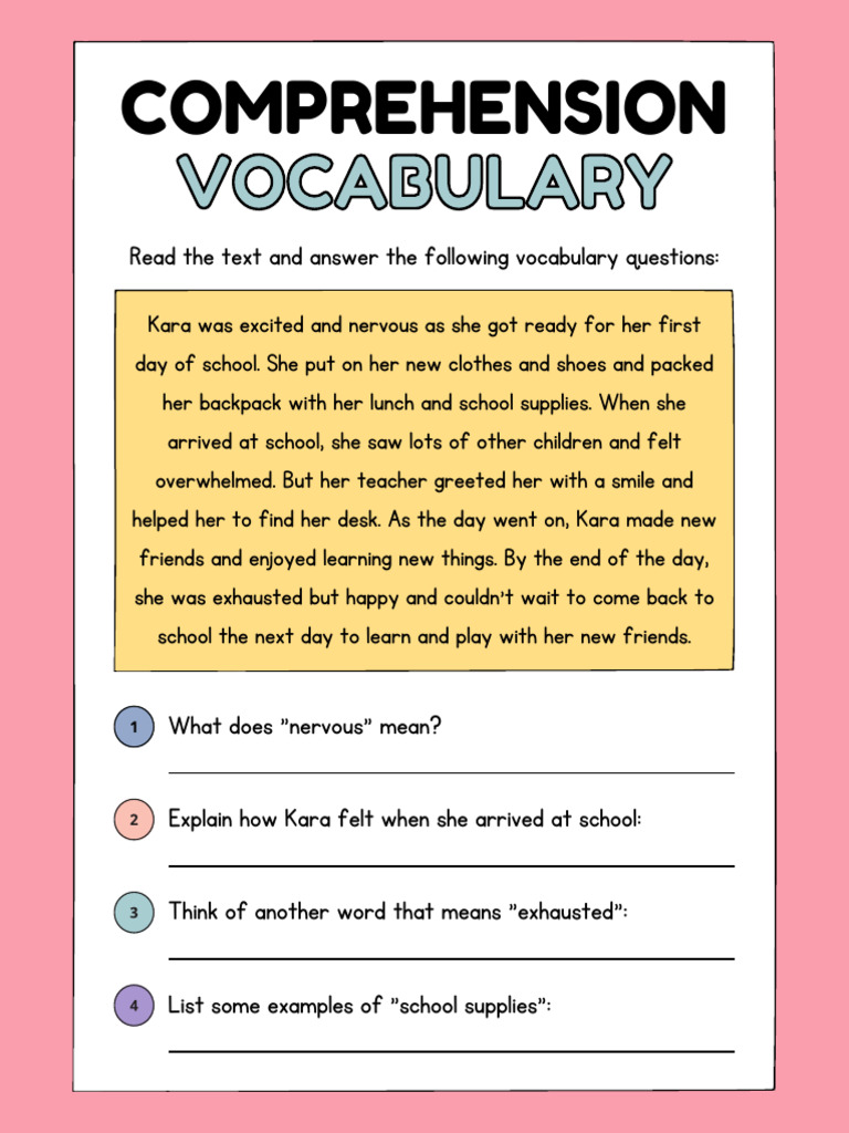 Reading Comprehension Vocabulary English Worksheet in Colorful ...