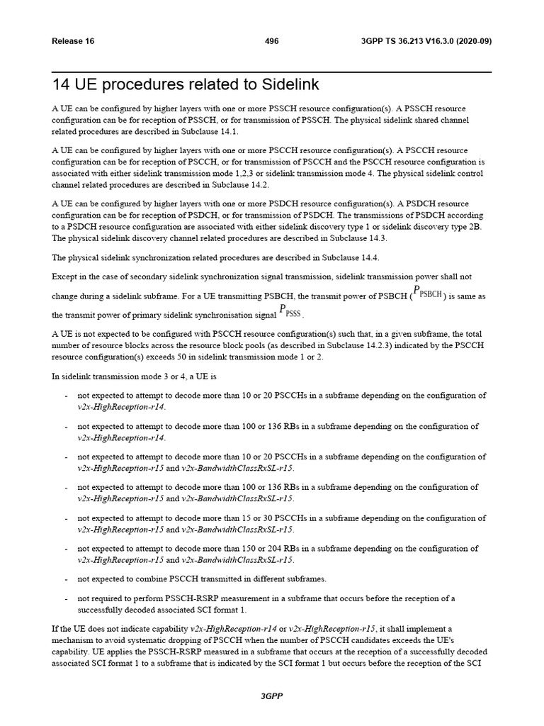 14 UE Procedures Related To Sidelink: Release 16 496 3GPP TS 36.213 V16.3.0 (2020-09) | PDF ...