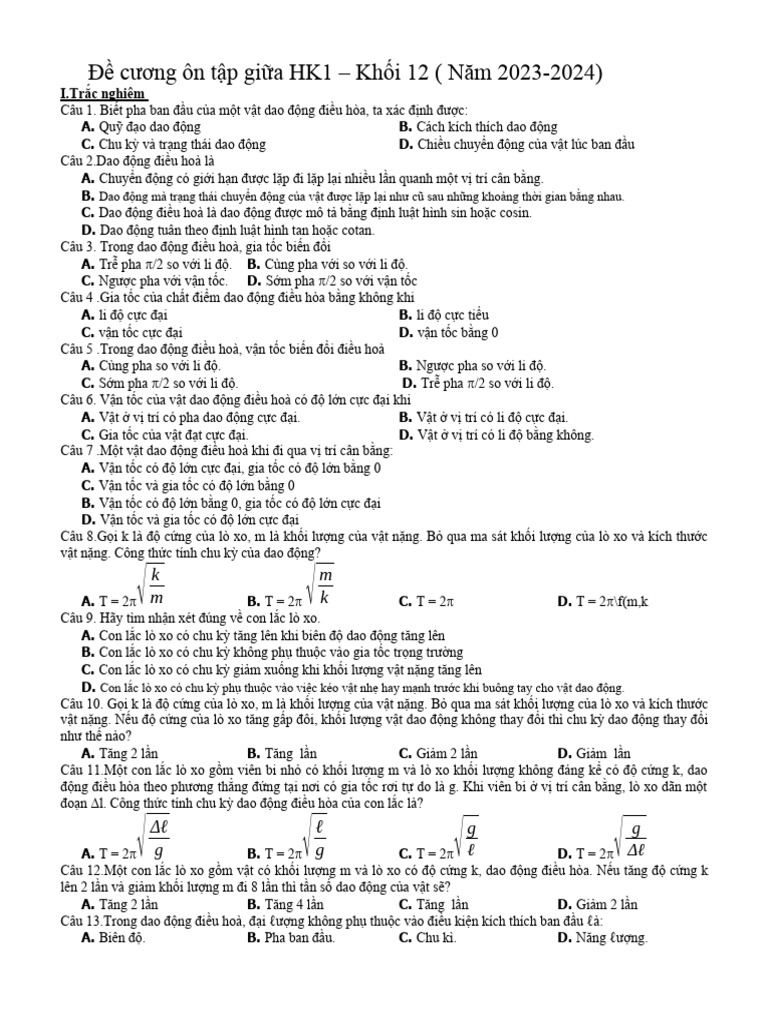 Đê cương ôn tập GK1 Khói 12 HS | PDF