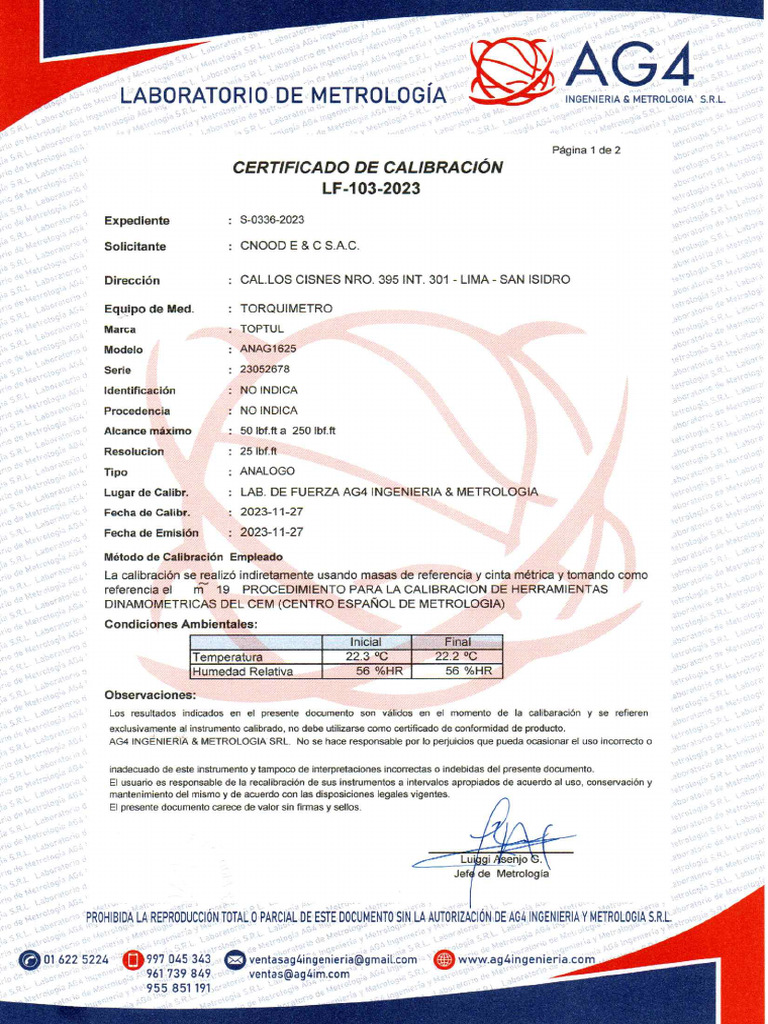 Certificados de Calibración de Torquimetro | PDF