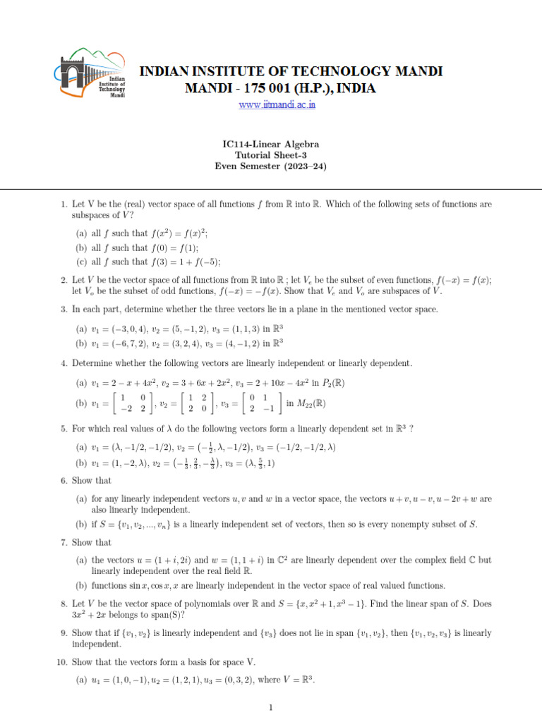 IC114 Tutorial 3 | PDF | Linear Subspace | Matrix (Mathematics)