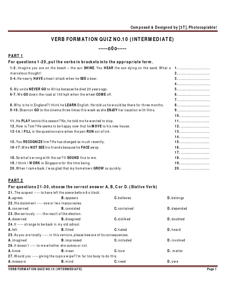 Intermediate Verb Formation Quiz | PDF