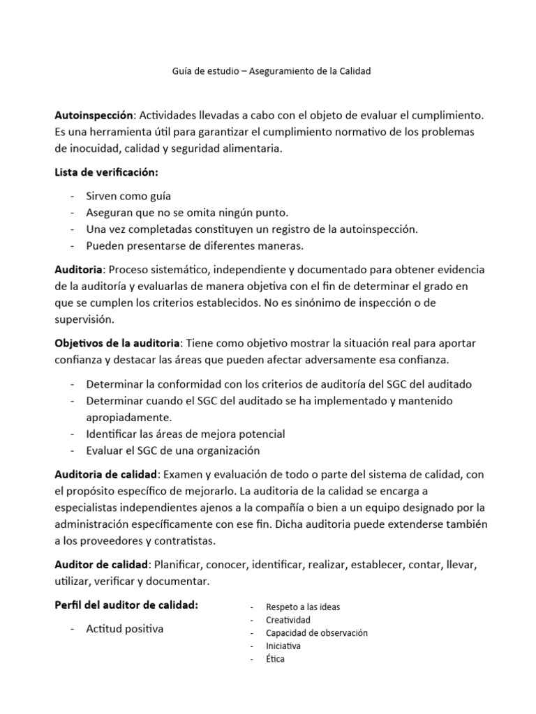 Guía de Estudio Aseguramiento de La Calidad | PDF | Auditoría | Calidad (comercial)