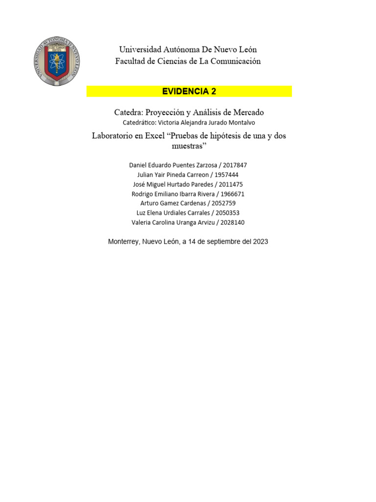 Evidencia 2 Laboratorio en Excel | PDF | Análisis estadístico | Enseñanza de matemática