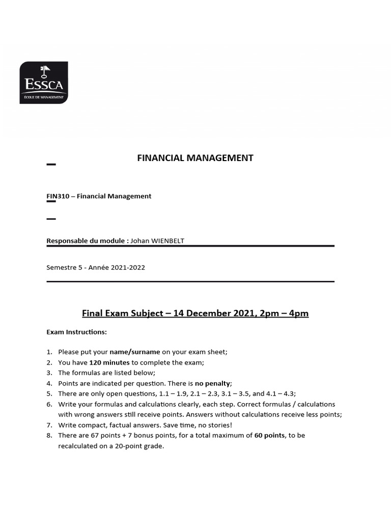 Exam - Final 2021 - Final Version - Answers | PDF | Cost Of Capital ...