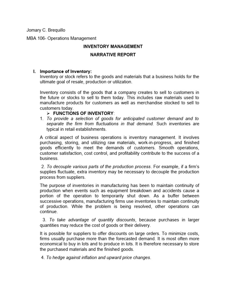 NARRATIVE REPORT-INVENTORY MGMT | PDF | Inventory | Logistics