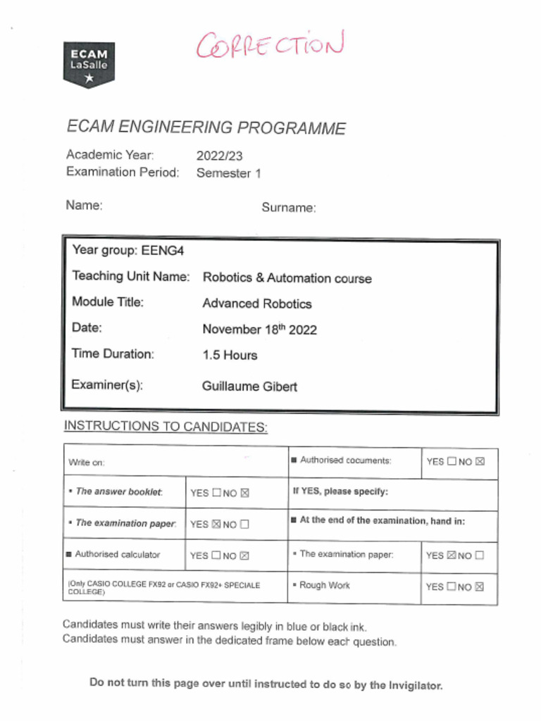 AdvRobotics EENG4 MidTerm 18112022 Correction | PDF