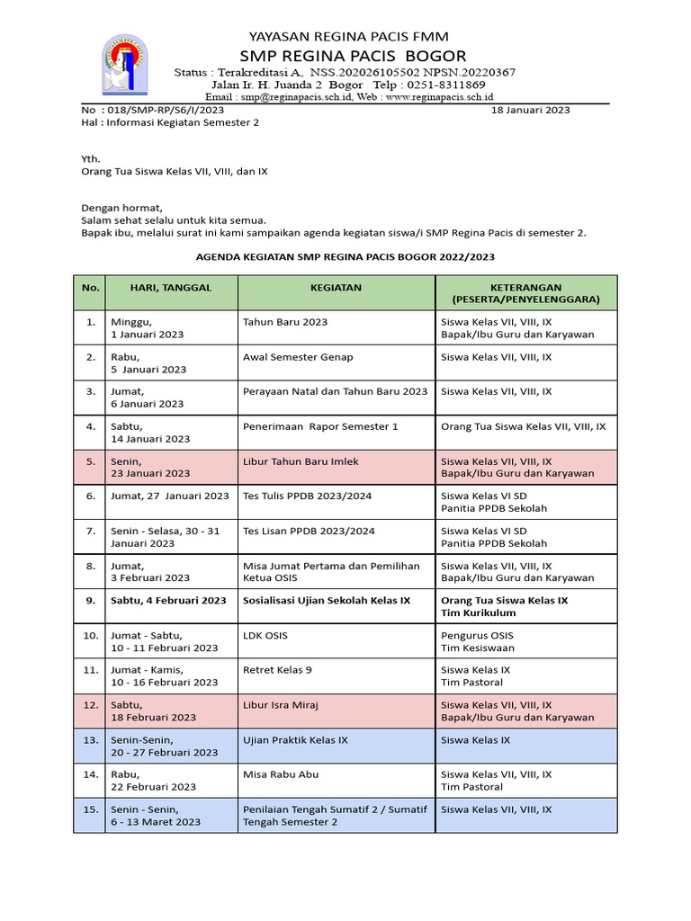 INFORMASI KEGIATAN SEM 2 Tahun 2023-1 | PDF