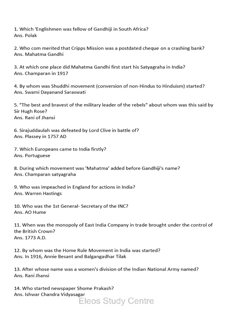 Indian Modern History Important1 | PDF | Resistance To The British ...