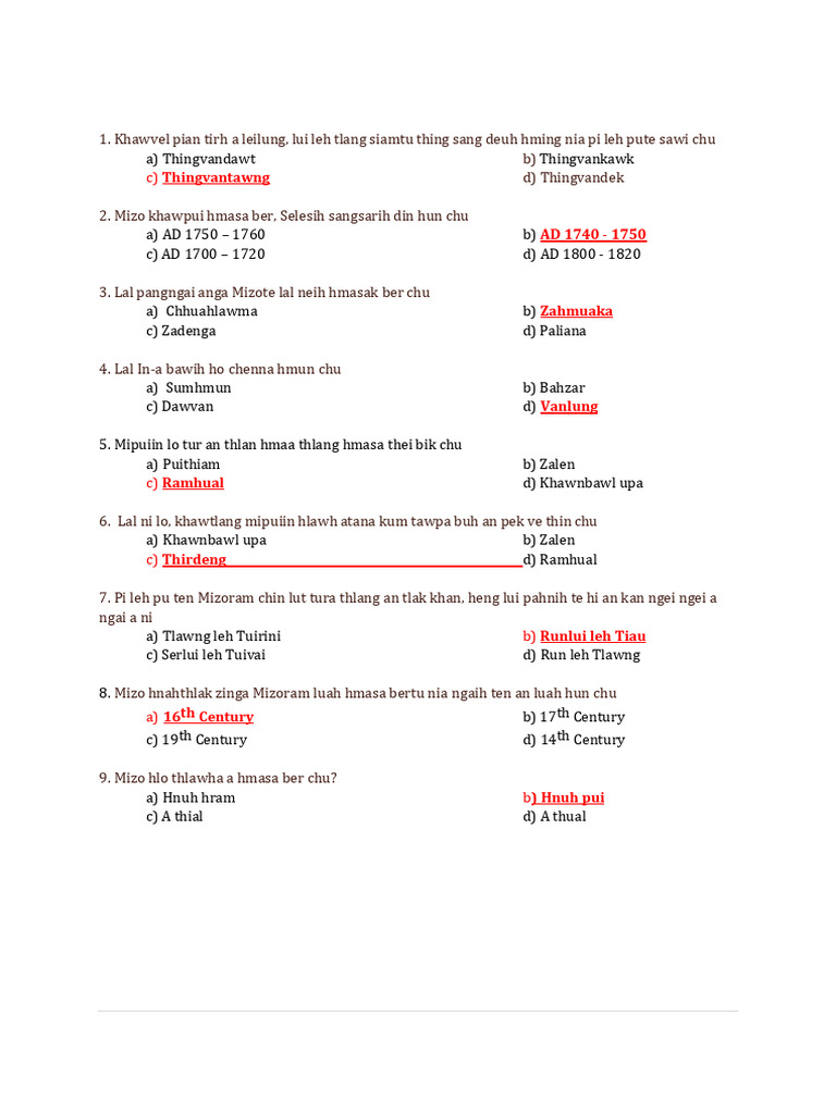 Open Mizo Culture and Heritage Mock Test With Answer Key PDF | PDF ...